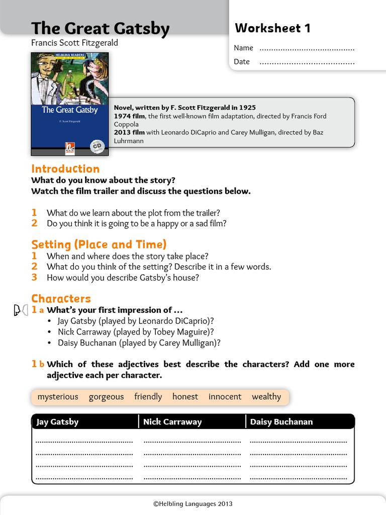 The Great Gatsby Worksheets The Great Gatsby Character Study