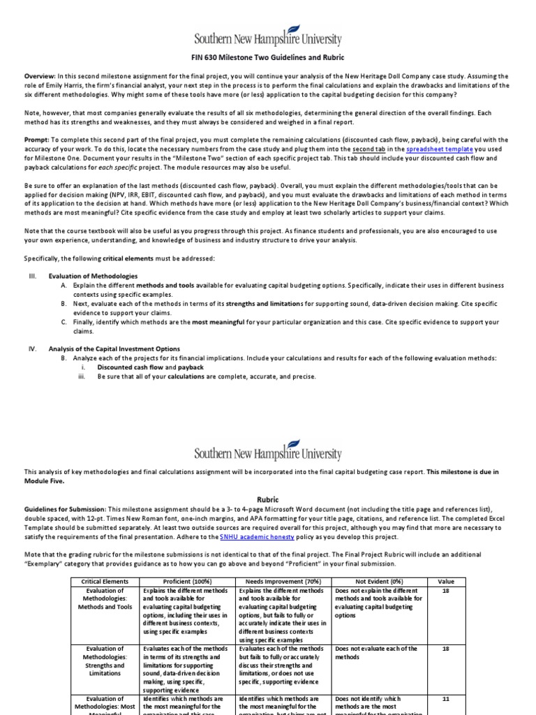 FIN 630 Milestone Two Guidelines and Rubric: Spreadsheet Template | PDF