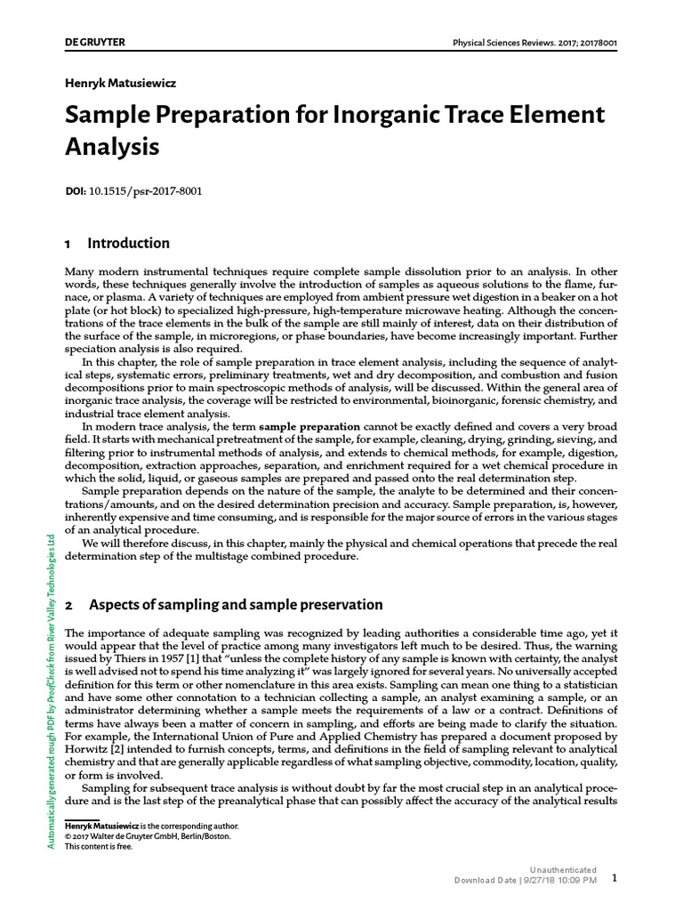 Sample Preparation For Inorganic Trace Element Analysis: Henryk Matusiewicz | PDF | Freeze ...