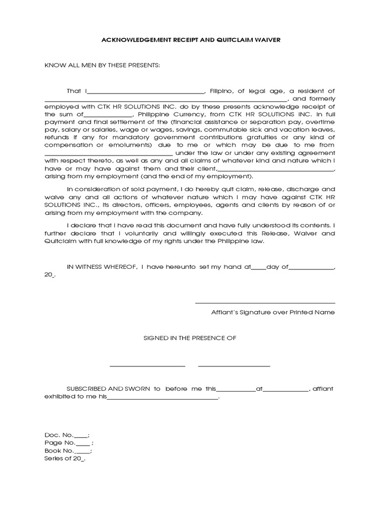 Acknowledgement Receipt and Quitclaim Waiver | PDF