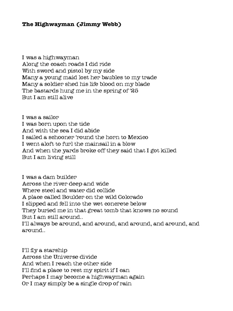 The Highwayman (Jimmy Webb) (Lyrics) | PDF