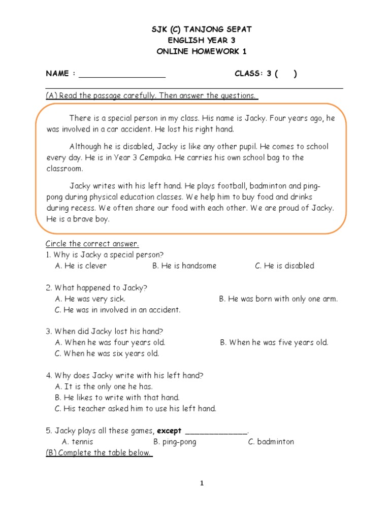 SJK (C) Tanjong Sepat English Year 3 Online Homework 1 NAME: - CLASS: 3 ...
