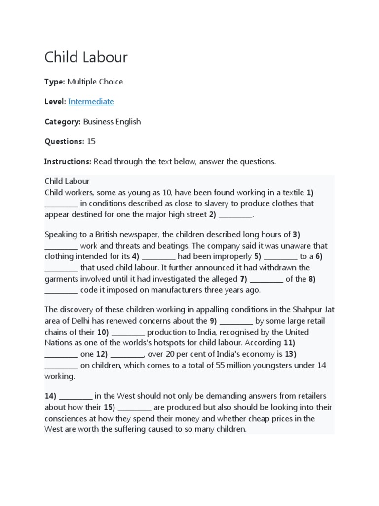 Child Labour: Intermediate | PDF | Child Labour | Clothing