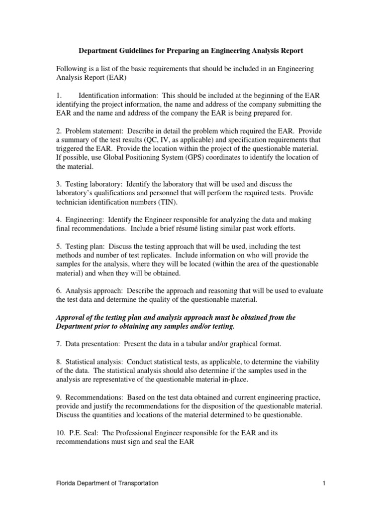 Department Guidelines For Preparing An Engineering Analysis Report ...