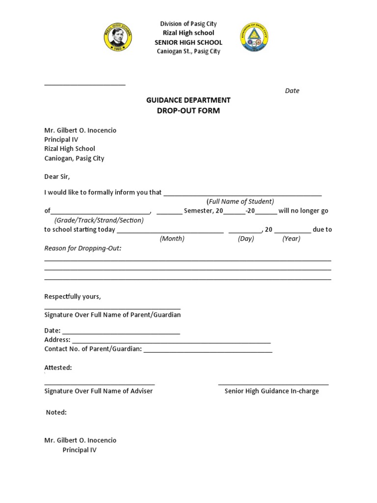 Drop-Out Form: Guidance Department | PDF