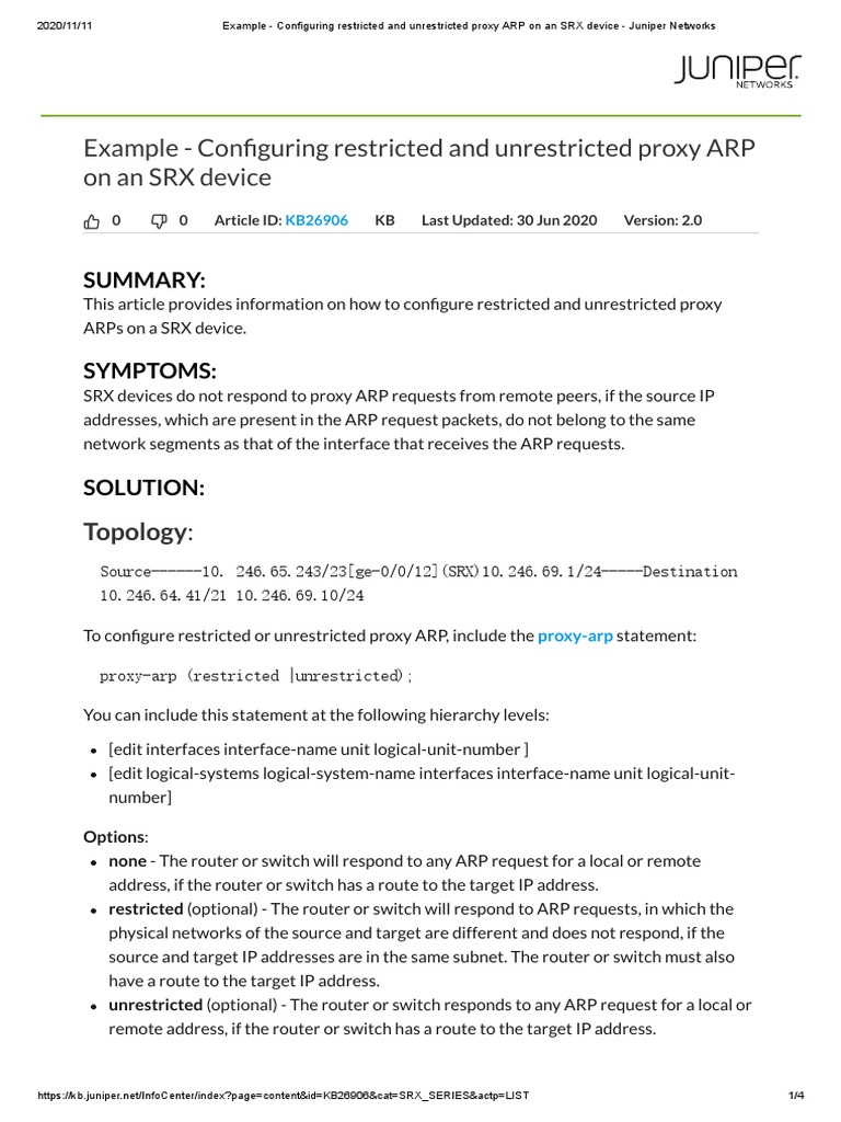 Configuring Proxy ARP on SRX Devices | PDF | Router (Computing) | Proxy Server