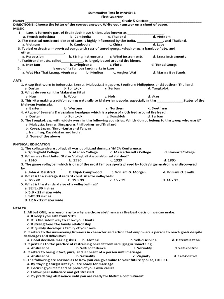 Grade 8 MAPEH Summative Test Questions | PDF | French Indochina | Malaysia