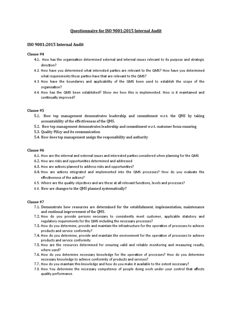 Questionnaire For Internal Audit | PDF | Quality Management System ...