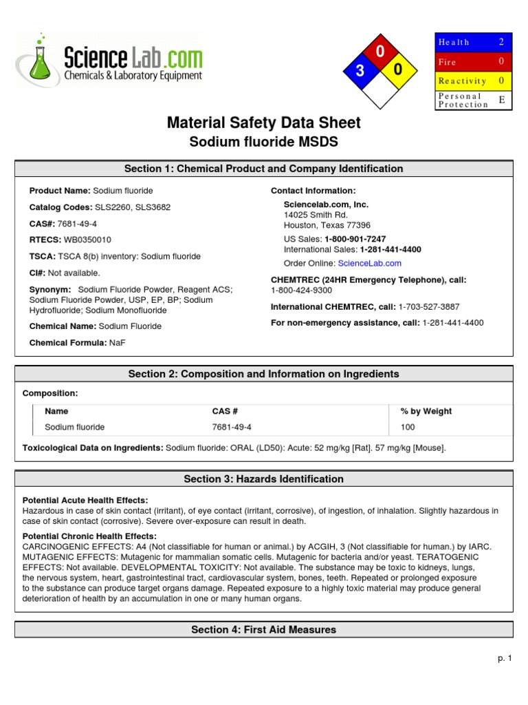 Material Safety Data Sheet - Sodium Fluoride MSDS | PDF | Toxicity ...