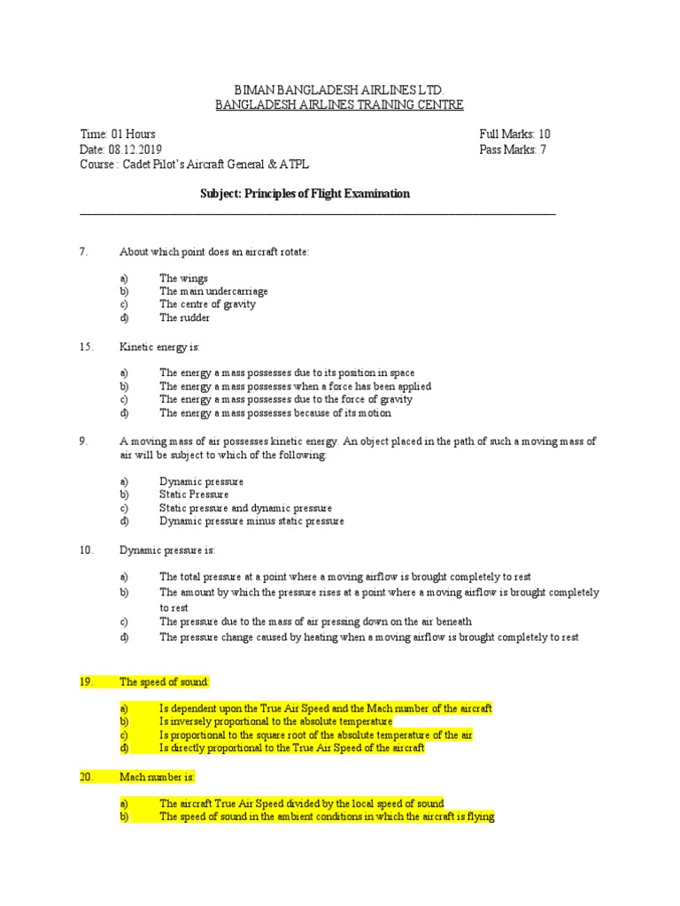 Subject: Principles of Flight Examination | PDF | Drag (Physics) | Lift ...