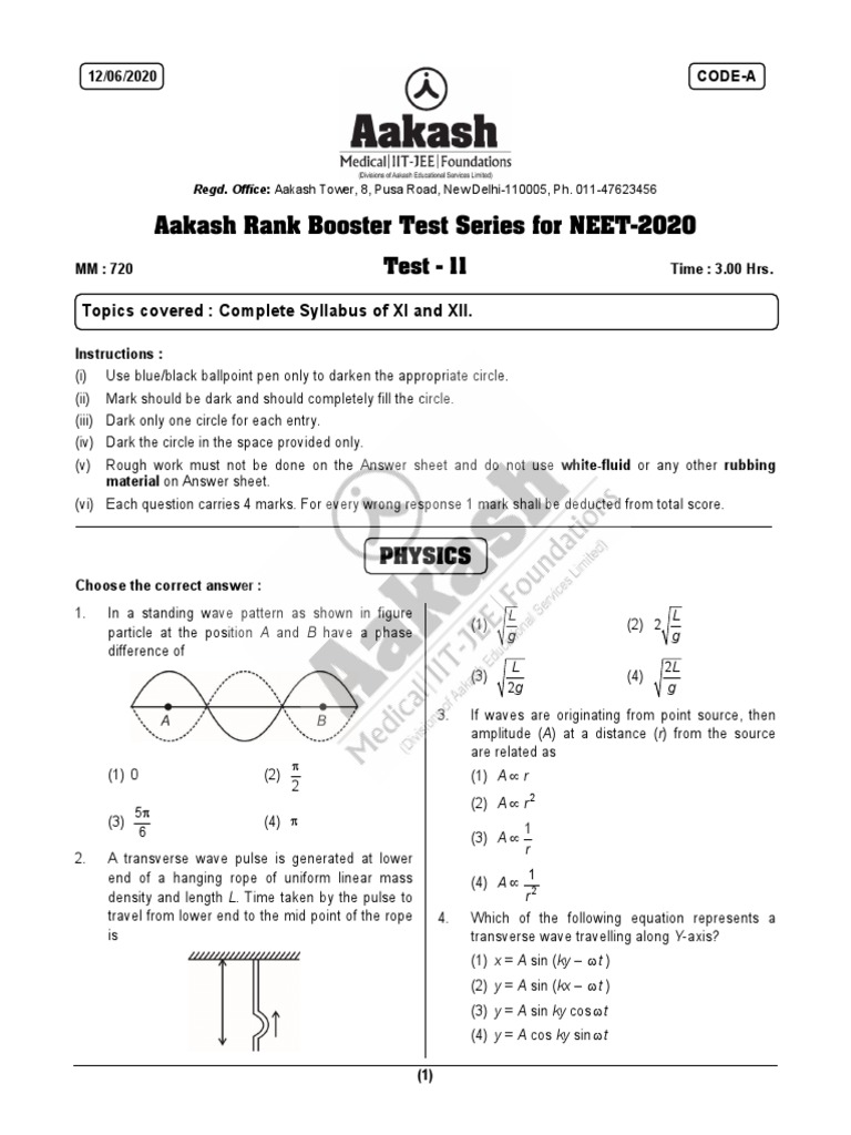 Aakash Rank Booster Test Series For NEET-2020 | PDF | Inductor ...