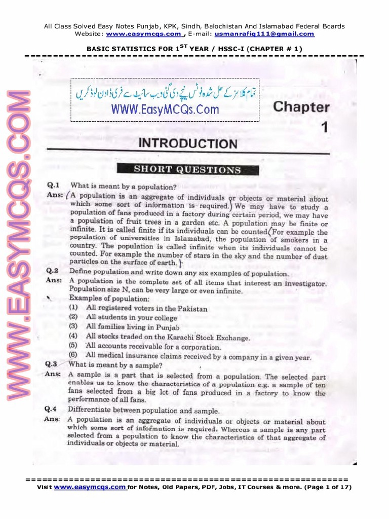 1st Year Statistics Chapter 1 Notes PDF | PDF