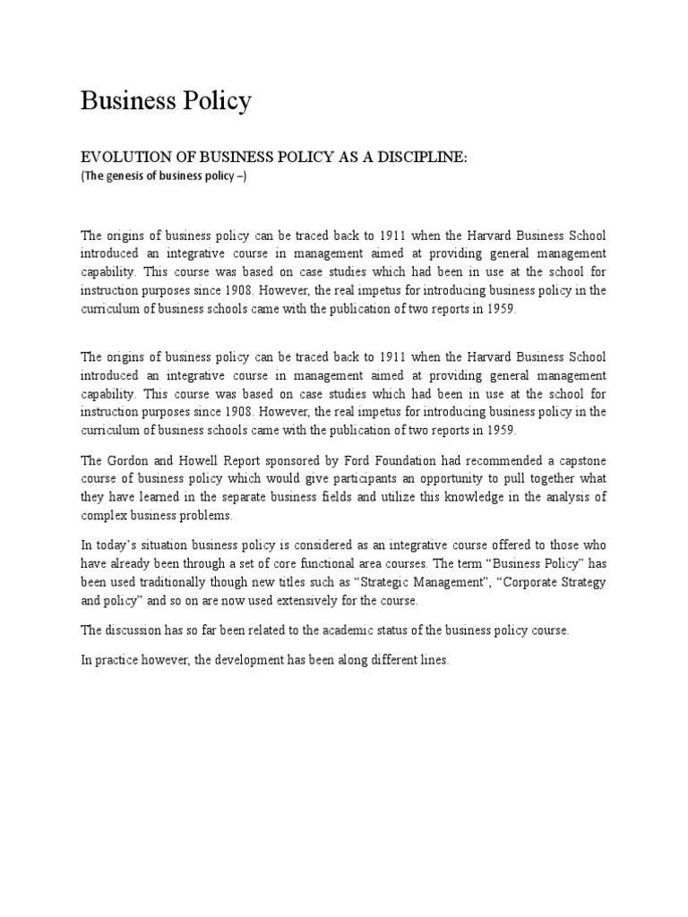 Evolution of Business Policy As A Discipline | PDF | Strategic ...