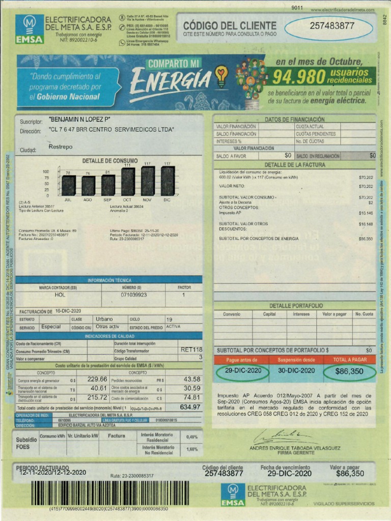 Factura Emsa Diciembre PDF | PDF