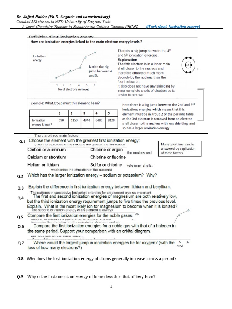 Ionization Energy Worksheet and Problems | PDF | Ionization | Chemical ...