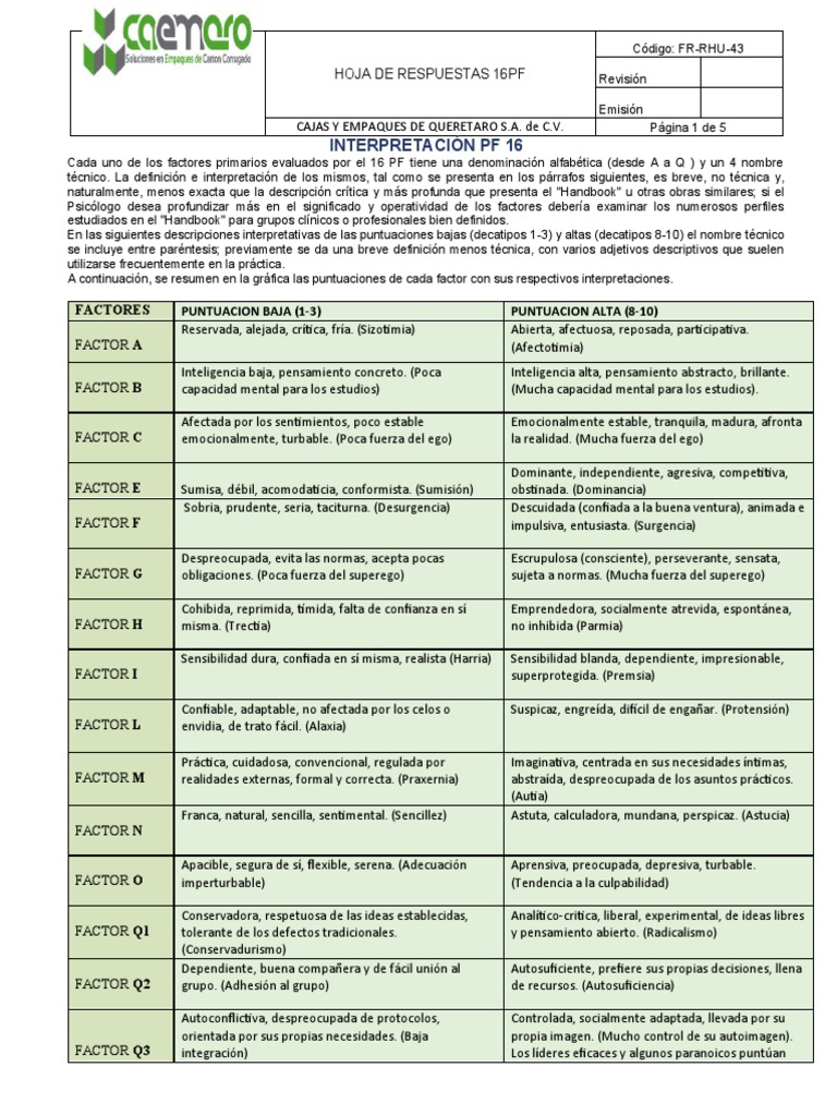 Tabla de Interpretacion 16 PF | PDF | Inteligencia | Ciencia cognitiva