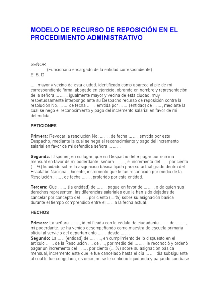 Modelo de Recurso de Reposición en El Procedimiento Administrativo ...