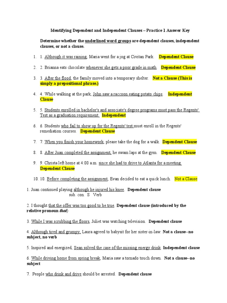 Identifying Clauses - Practice 1 Answer Key | PDF