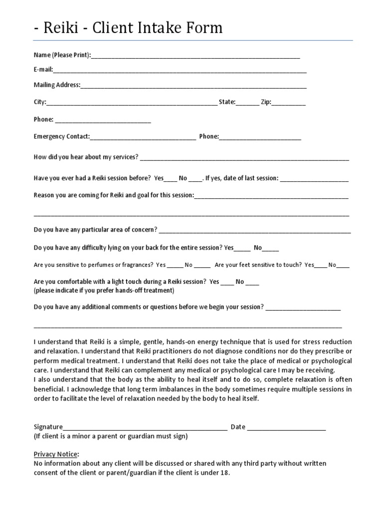 Reiki - Client Intake Form | PDF | Reiki | Relaxation (Psychology)
