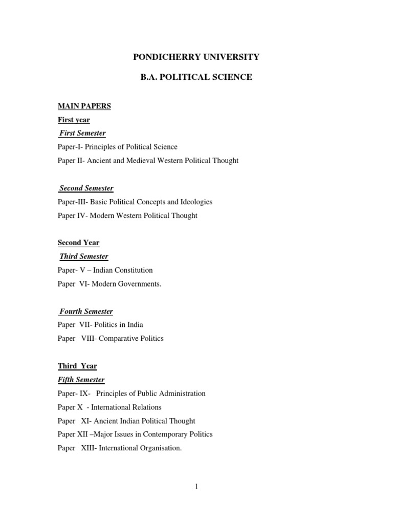 Pondicherry University B.A. Political Science: Main Papers First Year ...