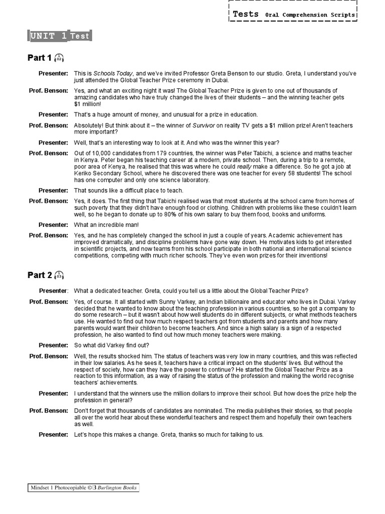 Tests Oral Comprehension Scripts | PDF | Teachers | Human Nature