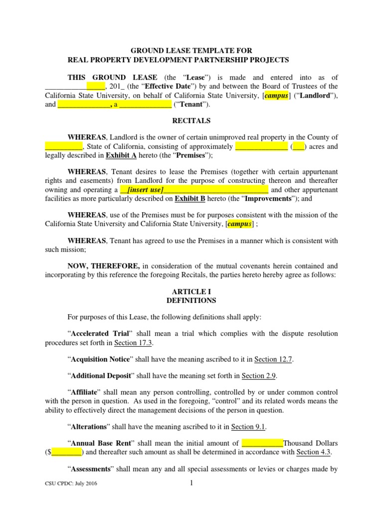 CSU Ground Lease Template | PDF | Lease | Leasehold Estate