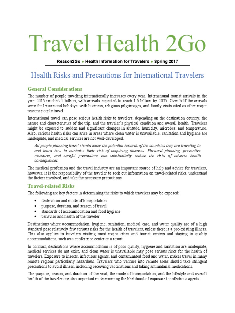 Travel Health 2go: Health Risks and Precautions For International ...