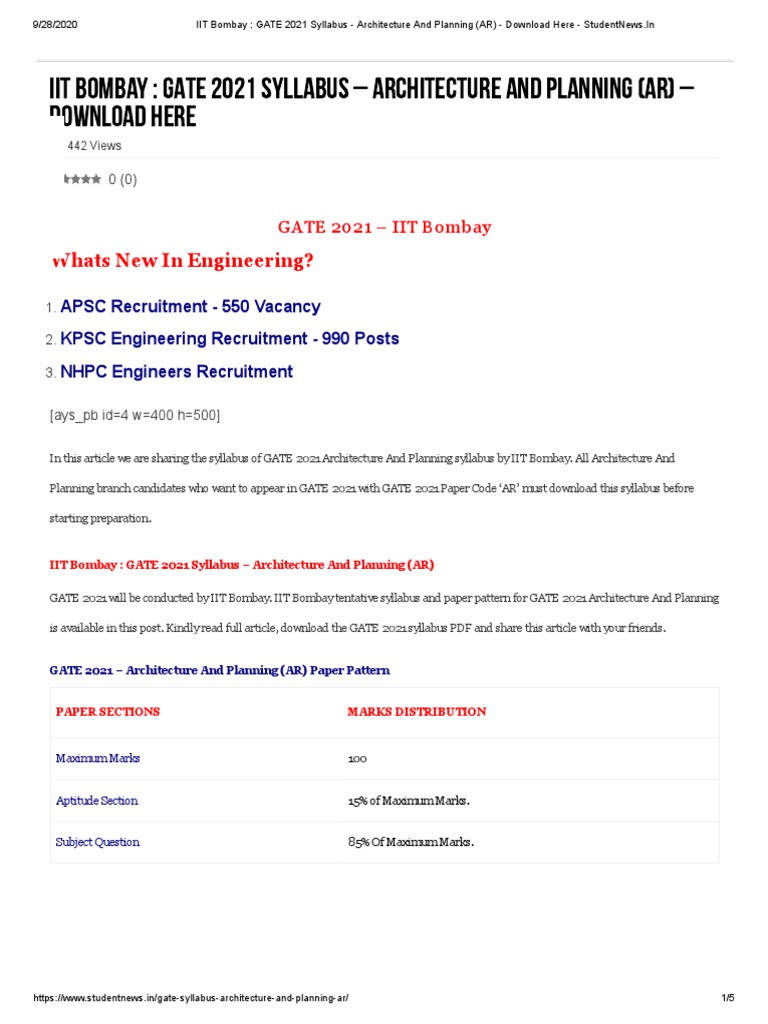 IIT Bombay - GATE 2021 Syllabus - Architecture and Planning (AR ...