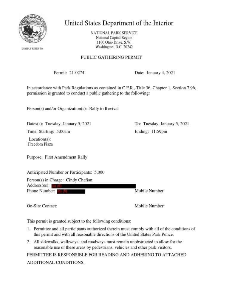 21-0274 Rally To Revival Freedom Plaza Permit - Redacted | PDF ...