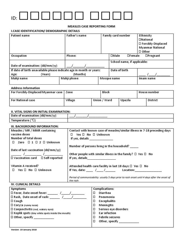 Measles Case Reporting Form I.Case Identification/ Demographic Details ...