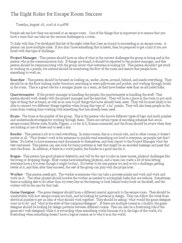 Brantford Games Network Lab - Blog - The Eight Roles For Escape Room ...