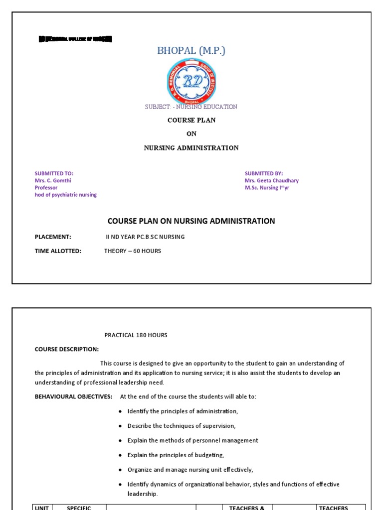 Nursing Administration Course Plan for BSc Nursing | PDF | Nursing ...