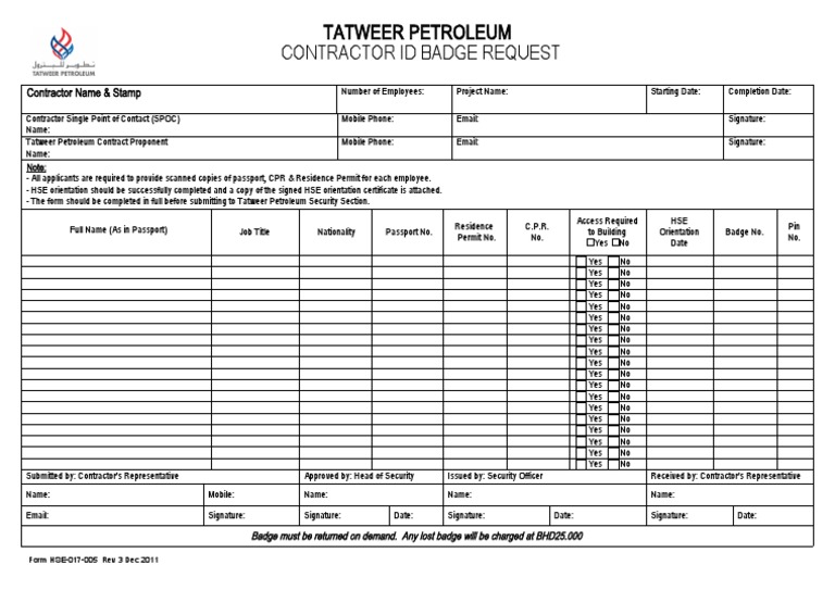 HSE-017-005 Contractor Badge Request | PDF | Authentication | Access ...