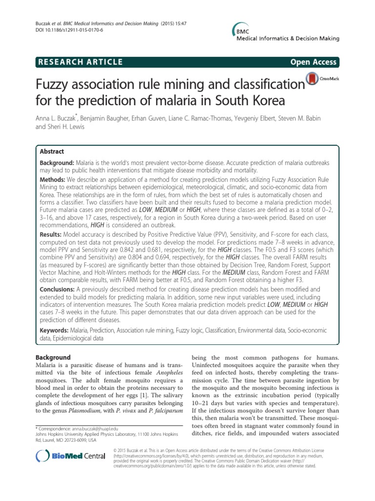 Fuzzy Association Rule Mining and Classification For The Prediction of Malaria in South Korea ...