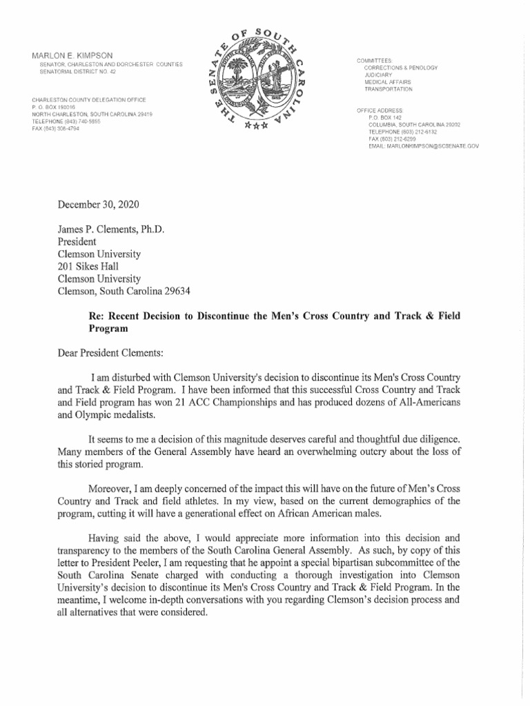 Kimpson Letter To Clemson President | PDF