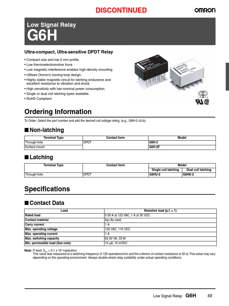 G6H Low Signal DPDT Relay Datasheet | PDF | Relay | Indemnity