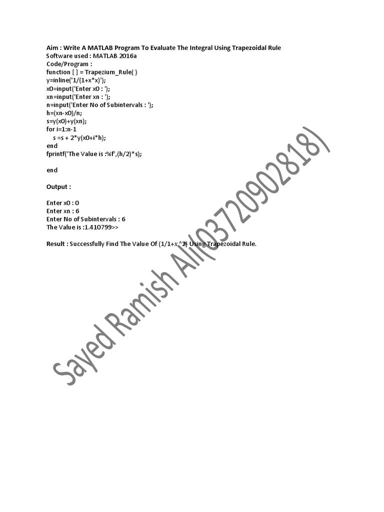 Aim: Write A MATLAB Program To Evaluate The Integral Using Trapezoidal ...