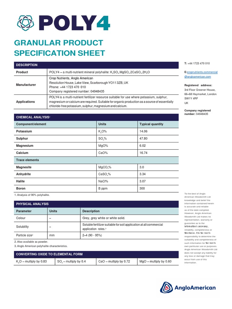 Granular Product Specification Sheet: Crop Nutrients, Anglo American ...