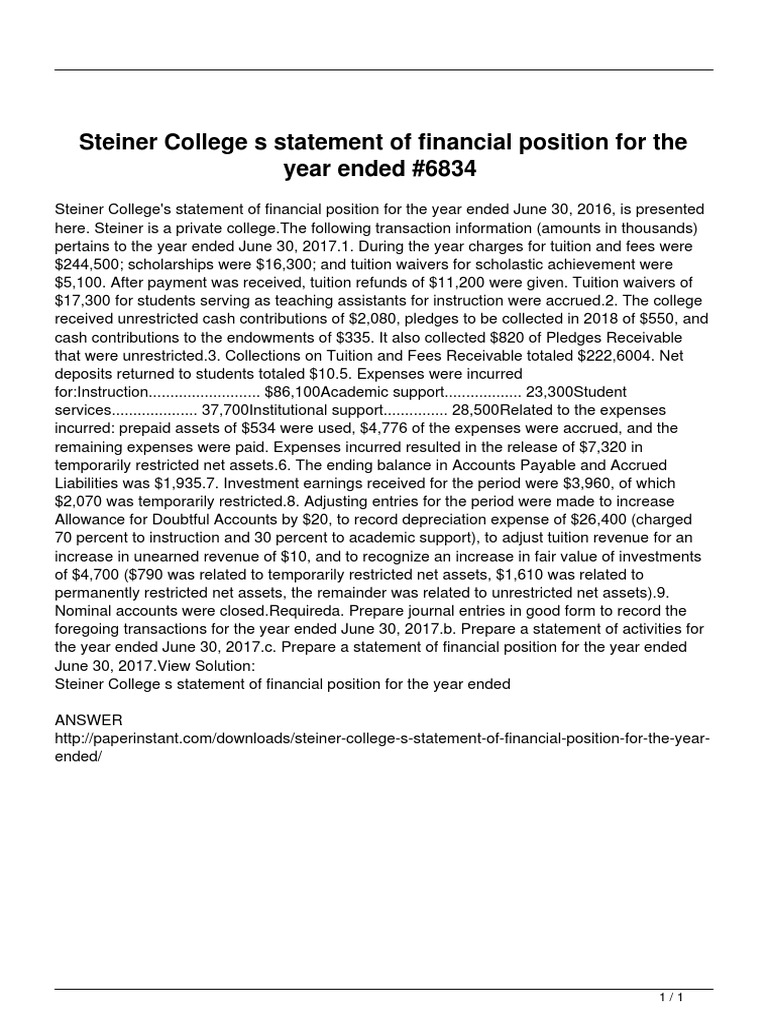 Steiner College S Statement of Financial Position For The Year Ended ...