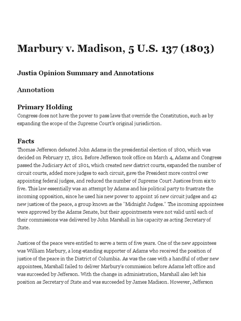 Marbury v. Madison: The Landmark Supreme Court Decision Establishing ...