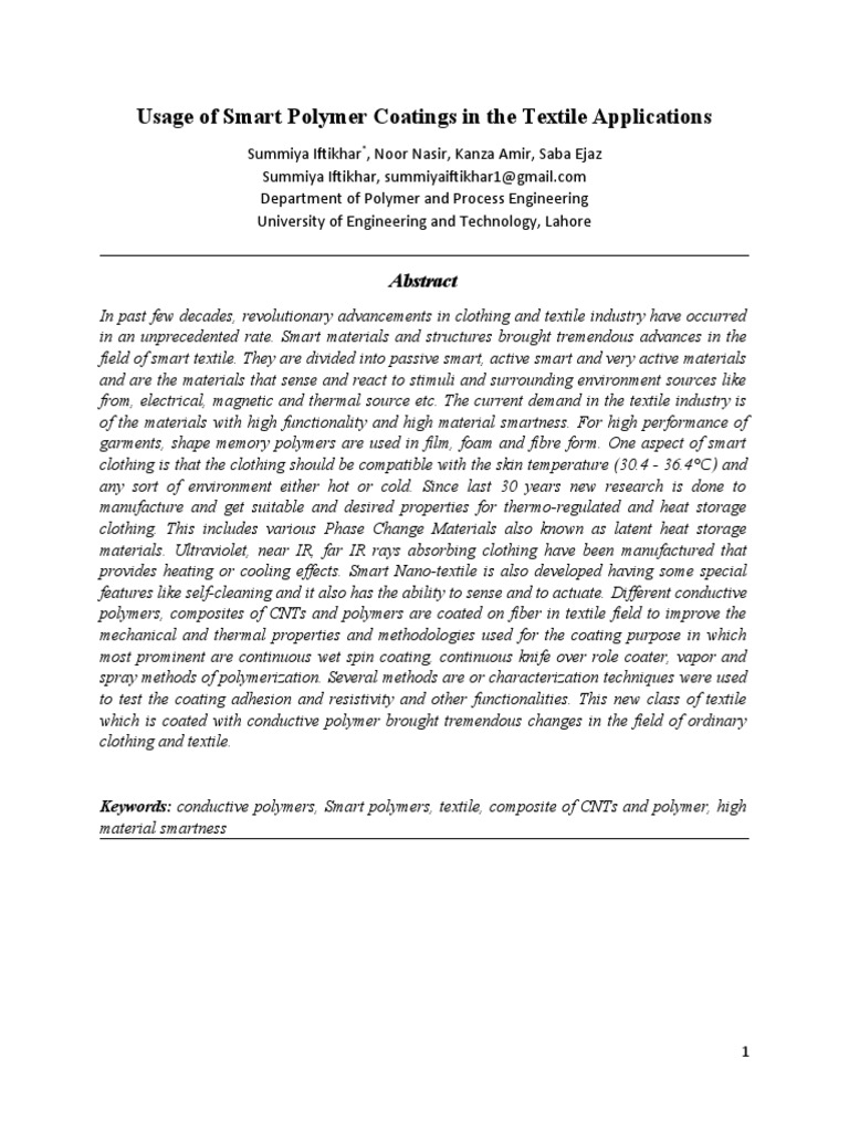Usage of Smart Polymer Coatings in The Textile Applications | PDF | E ...