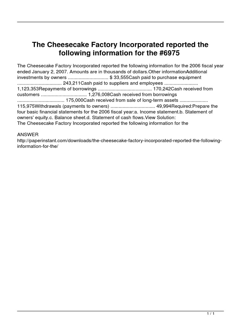 The Cheesecake Factory Incorporated Reported The Following Information ...