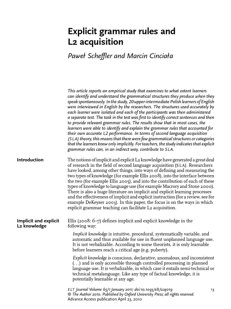 Explicit Grammar's Role in L2 Learning | PDF | Second Language | Second ...