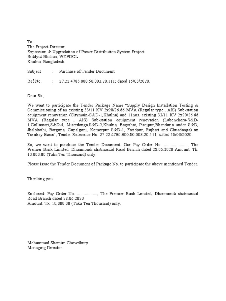 Tender Purchase Letter | PDF