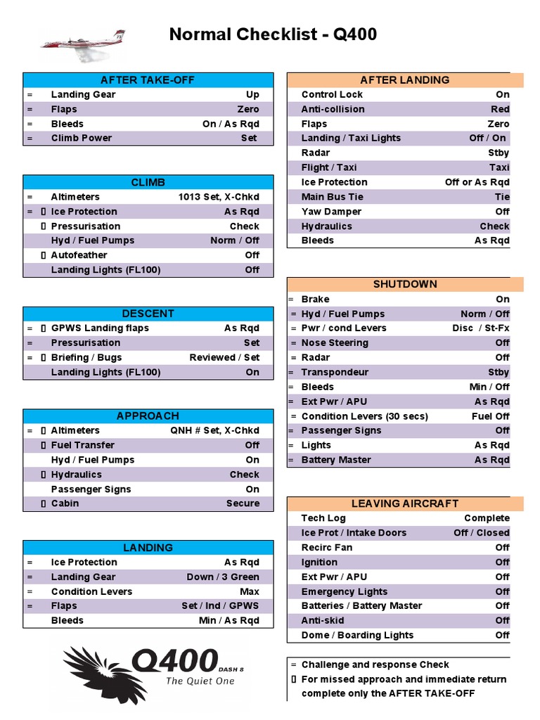Normal Checklist - Q400: After Take-Off After Landing | PDF | Landing ...