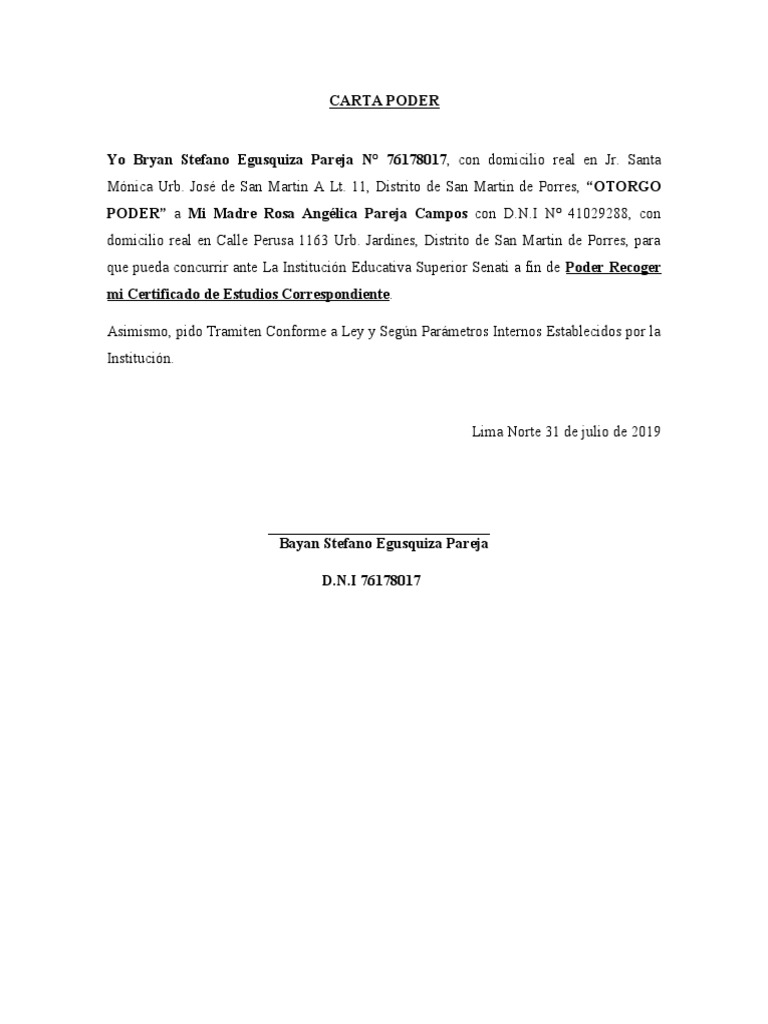 CARTA PODER Bryan Stefano Egusquiza Pareja | PDF