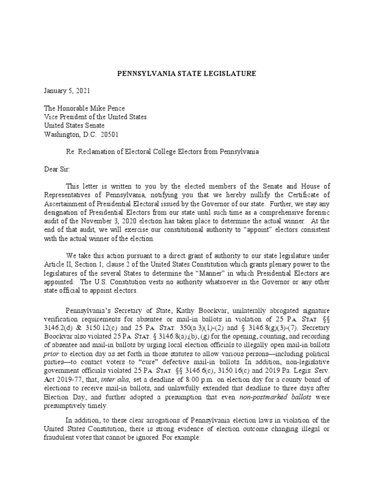 PA Letter To VP Pence | PDF | Postal Voting | Elections