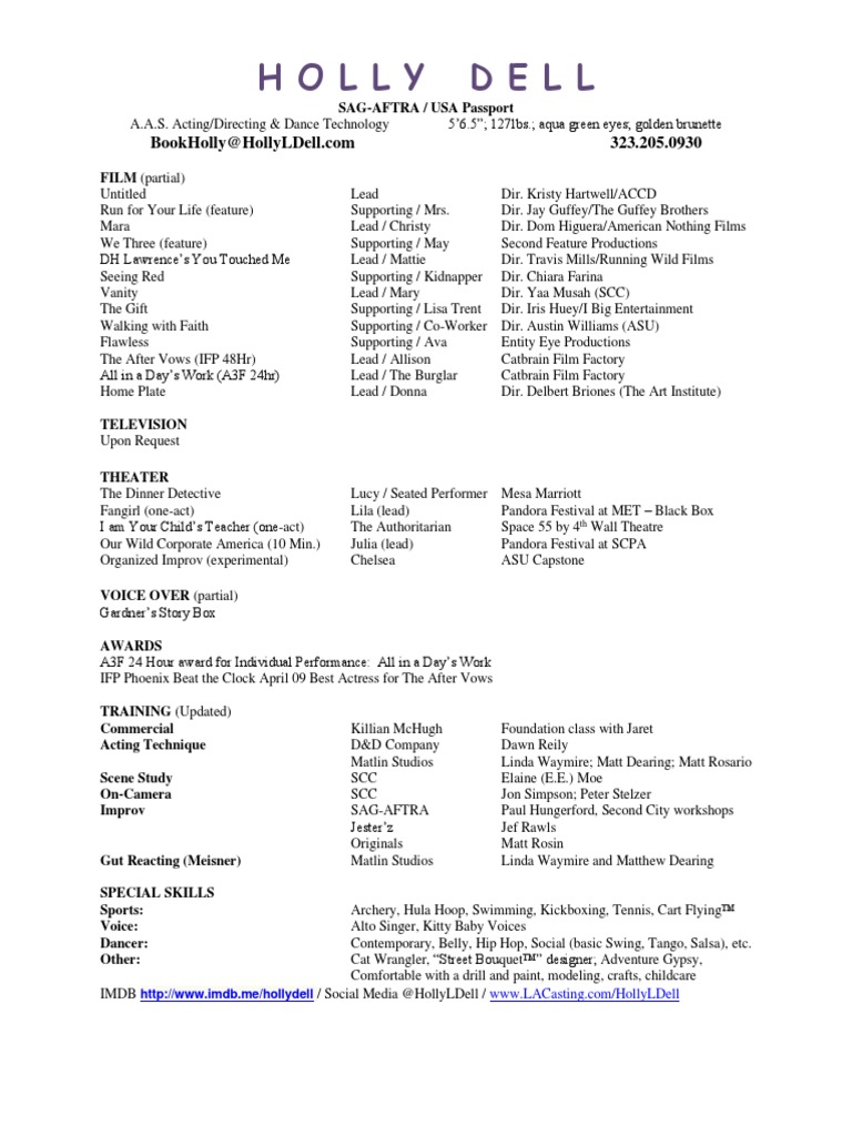 Holly Dell Acting Film Resume 2020 | PDF