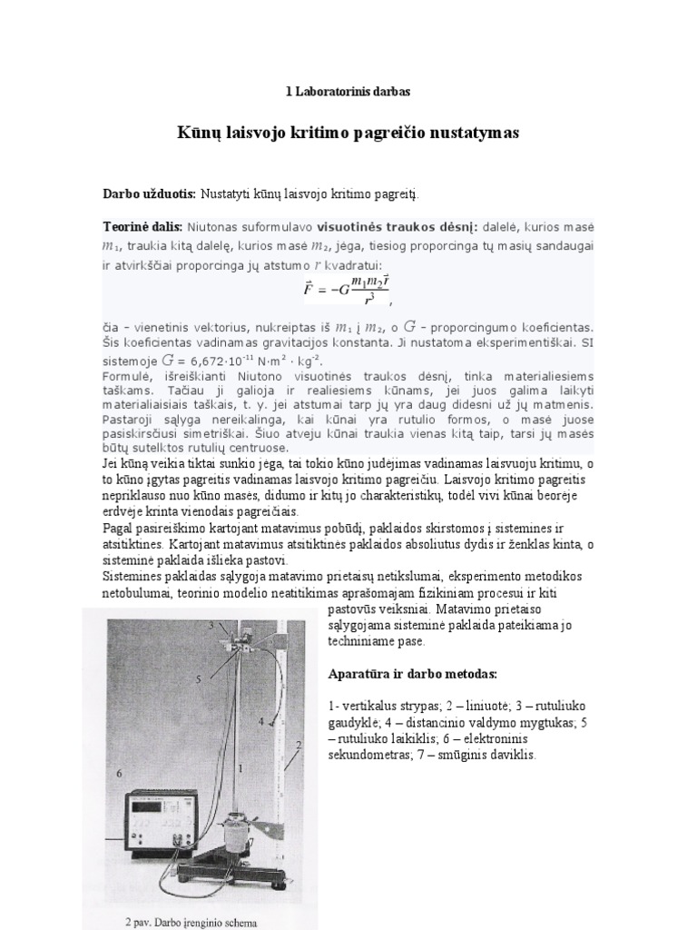 Kūno Laisvojo Kritimo Laboratorinis Darbas | PDF