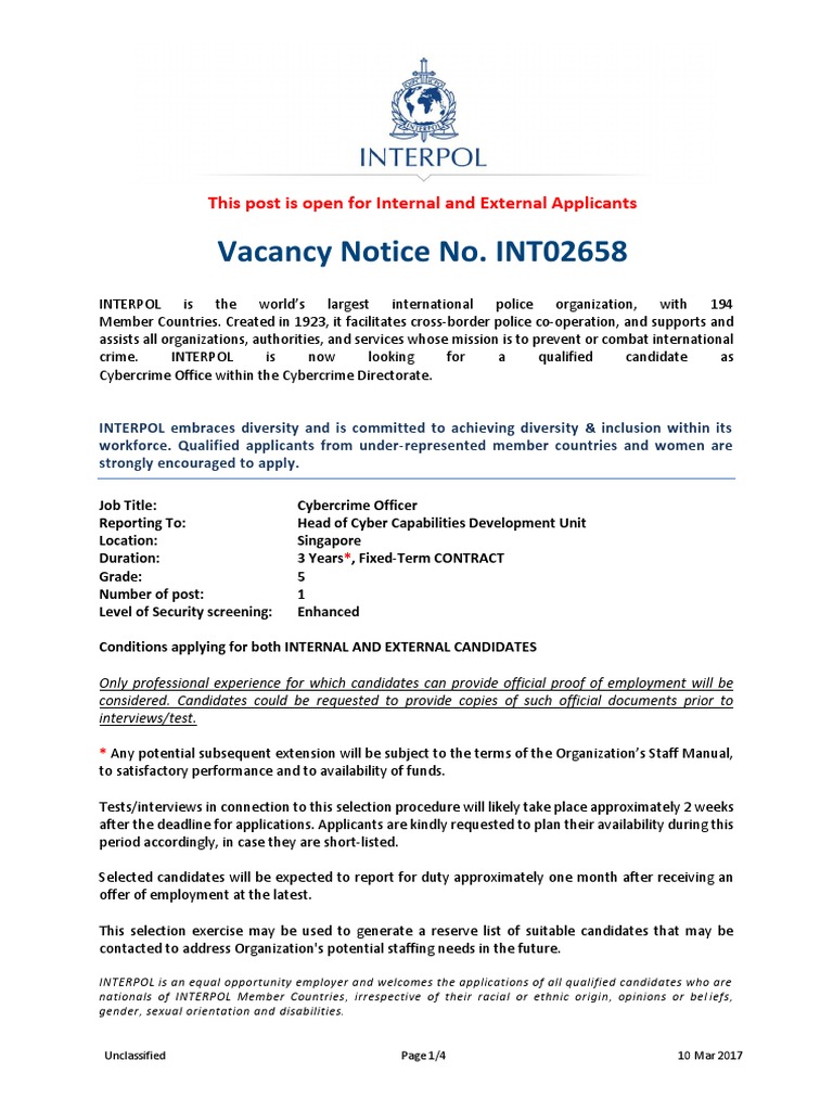 VACANCY NOTICE - Cybercrime Officer (INT02658) | PDF | Cybercrime | Salary